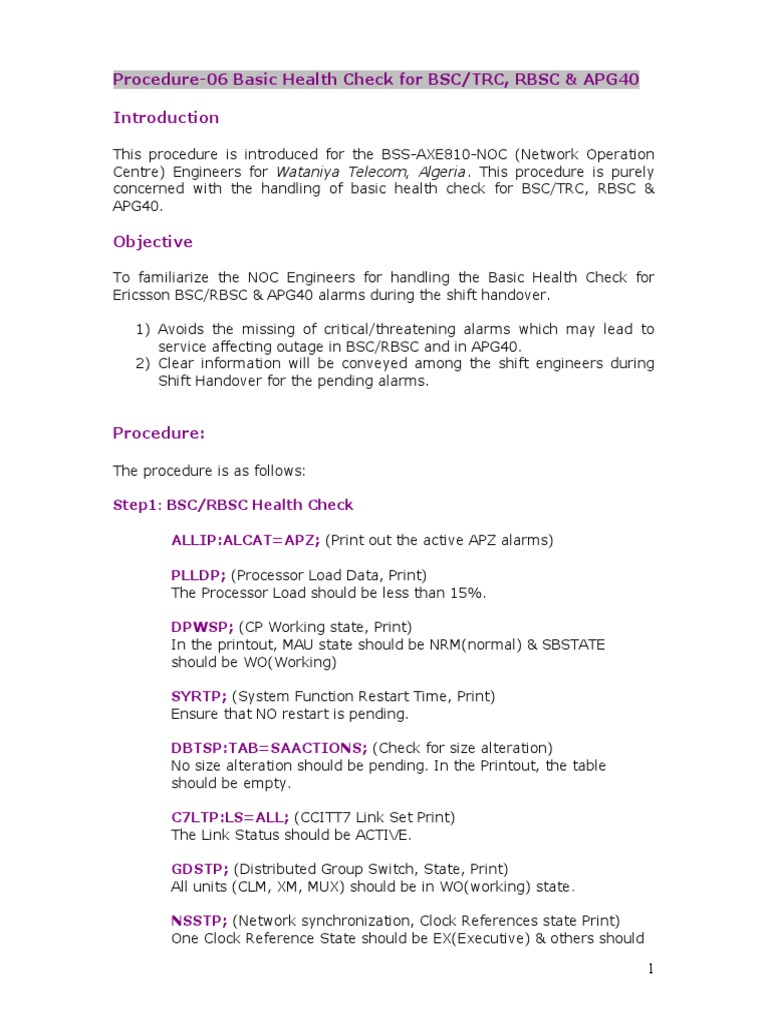 P06 - Procedure For Basic Health Check For BSC-RBSC & APG40 | PDF | Computer Cluster ...