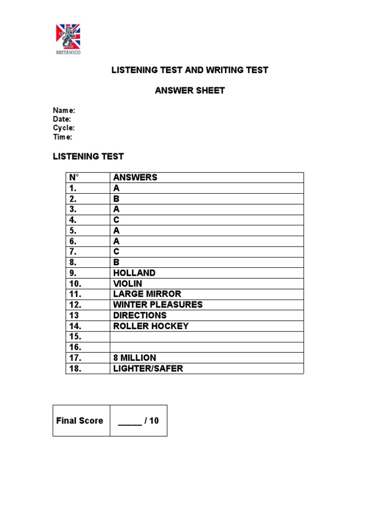 Listening Test and Writing Test - Answer Sheet Ad3 | PDF