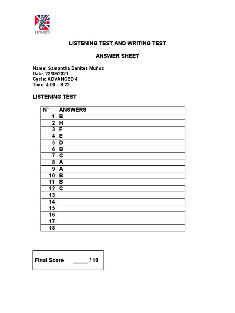 Listening Test and Writing Test - Answer Sheet (8088) | PDF | Career ...