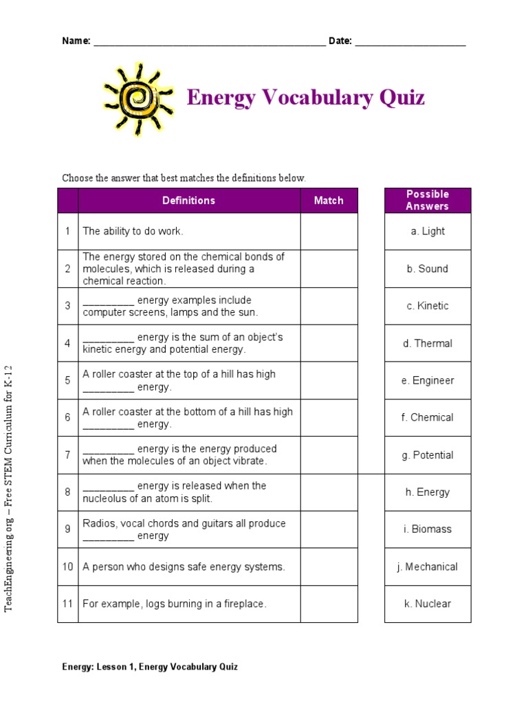 Energy Vocabulary Quiz: Definitions Match Possible Answers | PDF ...