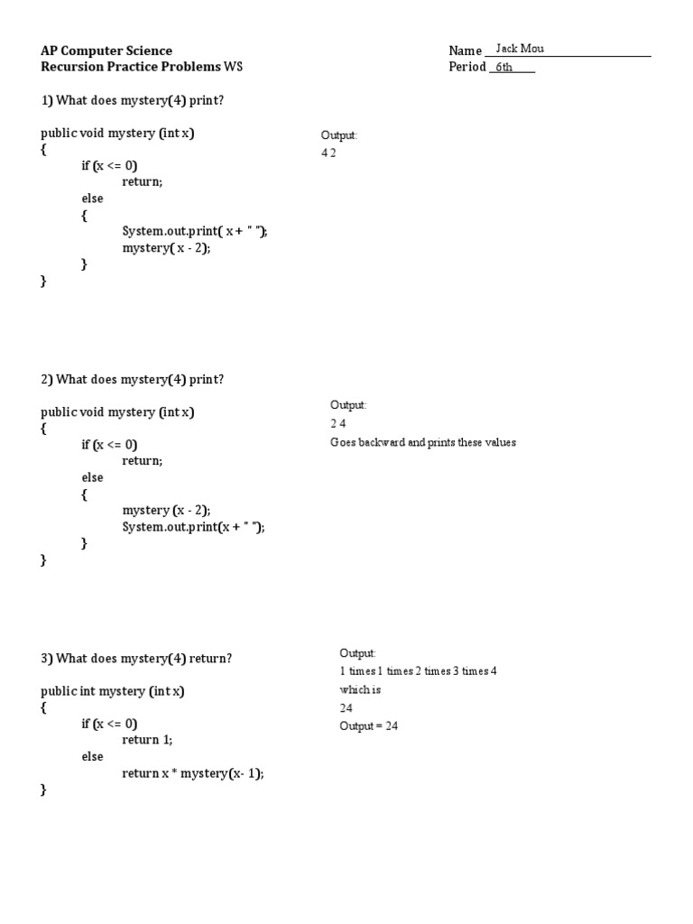 AP Computer Science Recursion Practice Problems WS: Jack Mou 6th | PDF