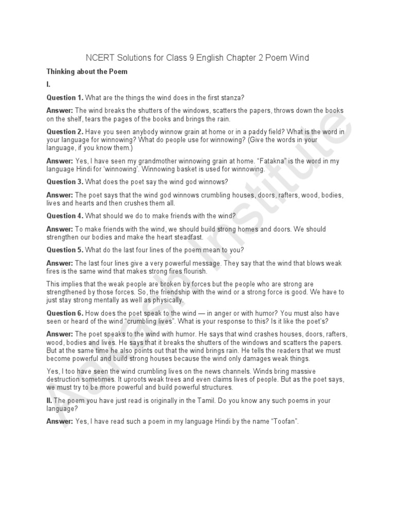Class 9 NCERT Wind Poem Solutions | PDF