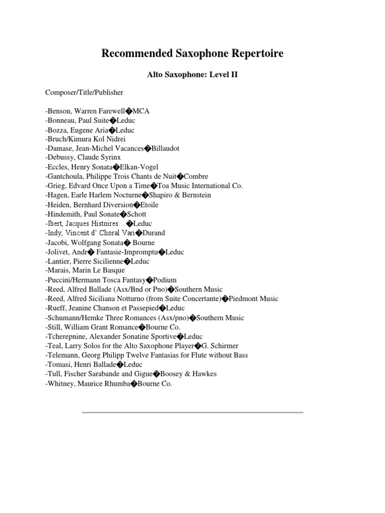 Recommended Saxophone Repertoire: Alto Saxophone: Level II | PDF