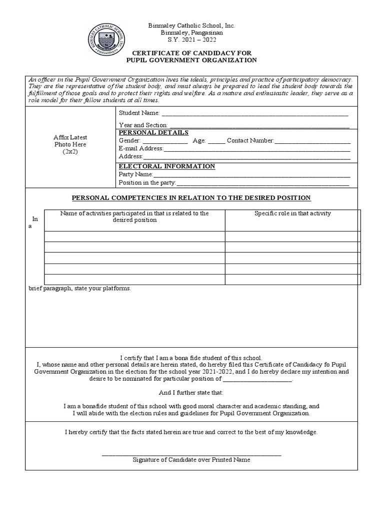 Certificate of Candidacy | PDF | Social Institutions | Social Science
