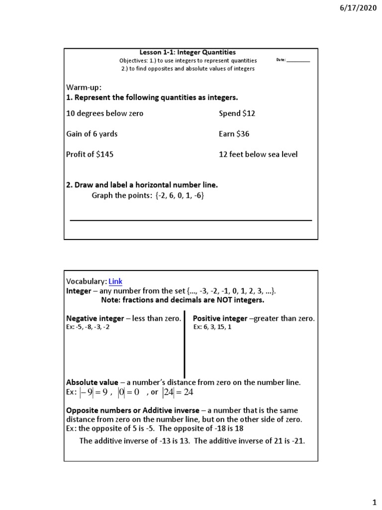 Lesson 1-1 Integer Quantities Absolute Values and Opposites | PDF ...