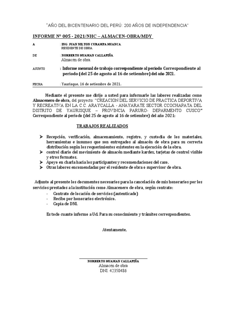 Informe Mensual de Almacenero de Obra | PDF