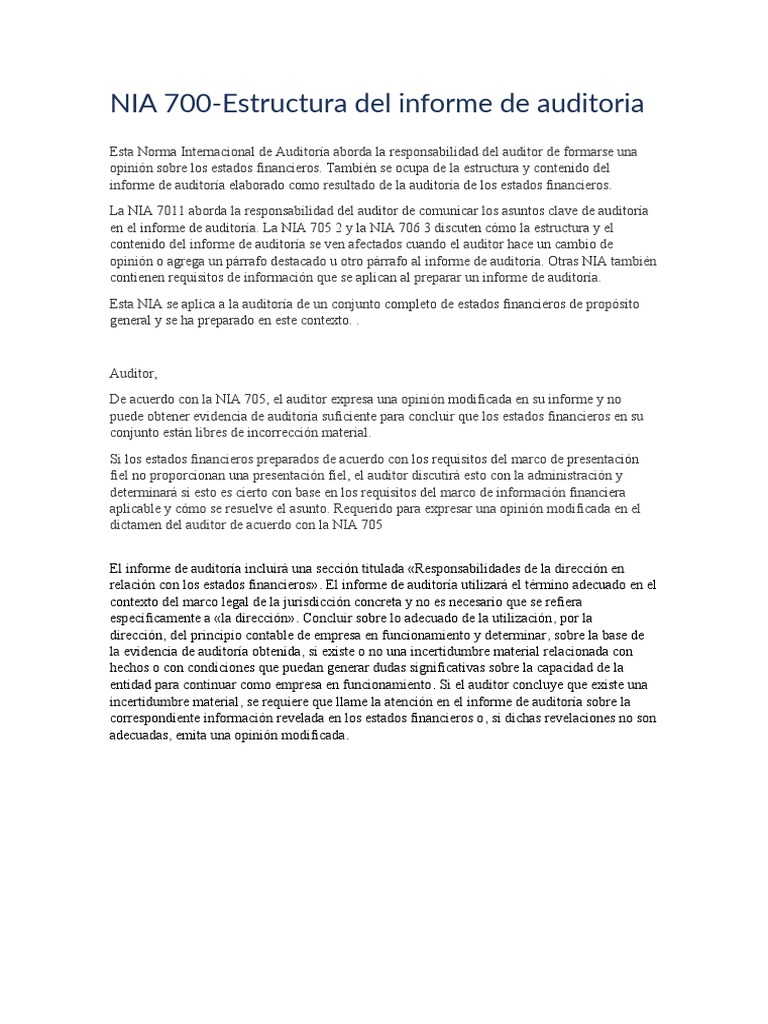 NIA 700 Ensayo | PDF | Auditoría | Contralor