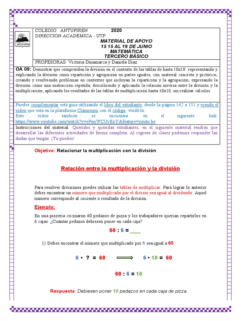 Guía de Divisiones para Tercero Básico | PDF | División (Matemáticas ...