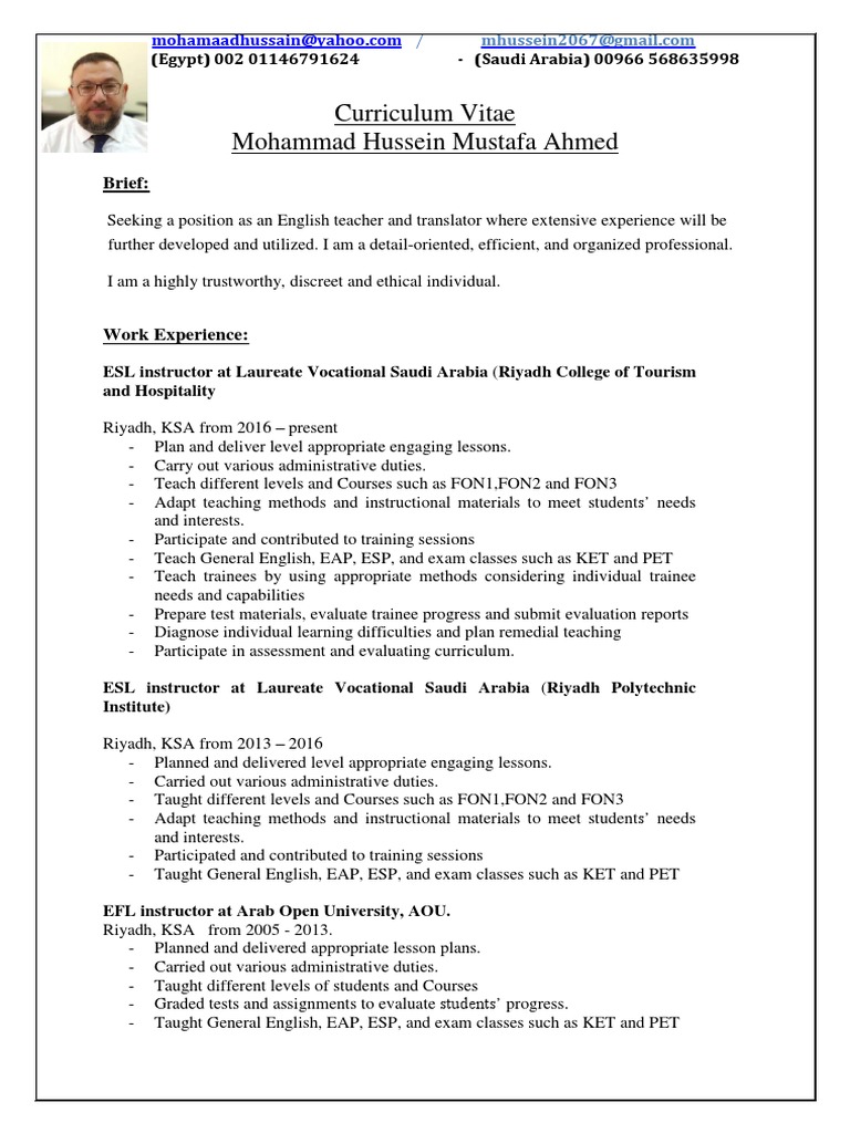 Curriculum Vitae Ahmed Mustafa Hussein Hammad o M: Brief | PDF ...
