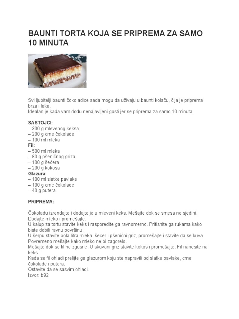 Baunti Torta Koja Se Priprema Za Samo 10 Minuta | PDF