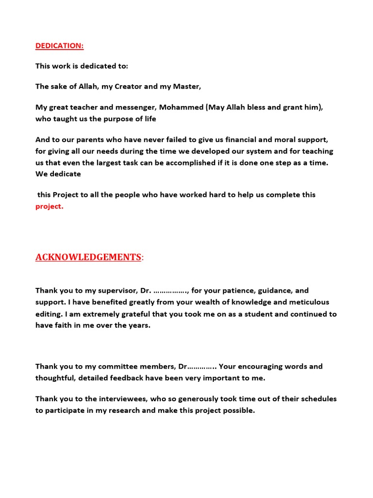Dedication Examples For A Student Project PDF | PDF