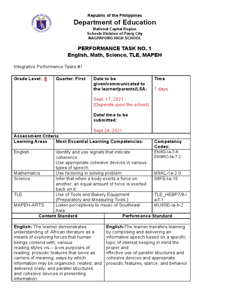 Department of Education: Performance Task No. 1 English, Math, Science, TLE, MAPEH | PDF ...