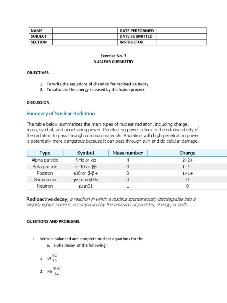 Exercise Nuclear | PDF | Radioactive Decay | Nuclear Physics