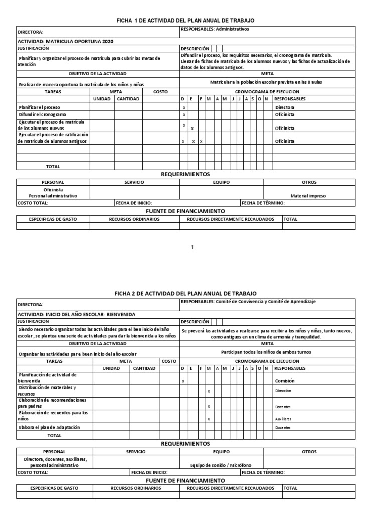 Fichas de Actividades Del Plan Anual de Trabajo de Una Institucion ...