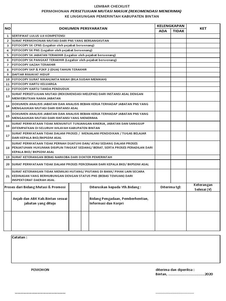 Lembar Cheklist Mutasi Masuk | PDF