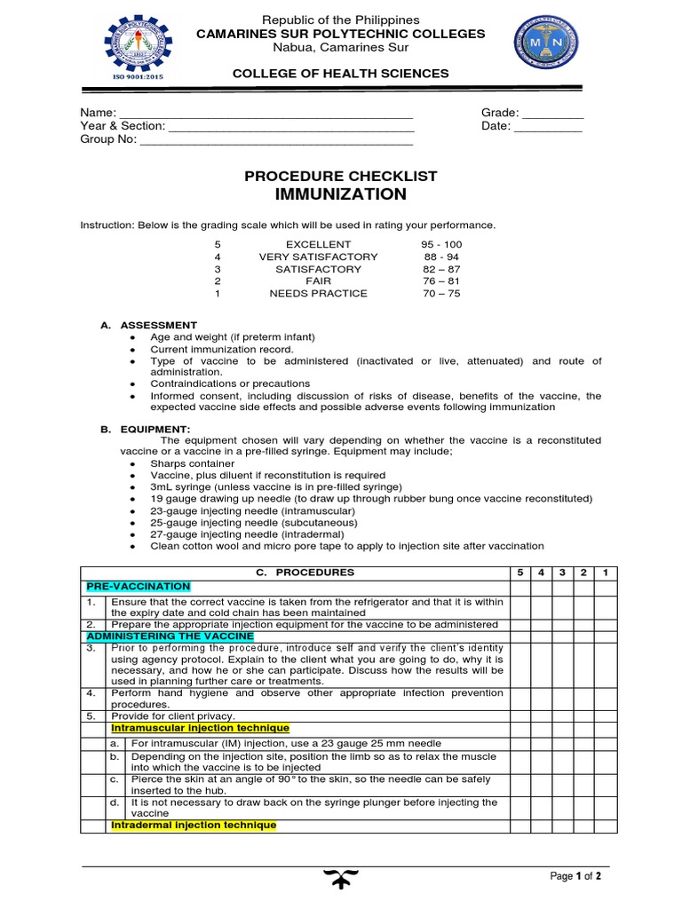 CHECKLIST PROCEDURES (Immunization) | PDF | Injection (Medicine) | Vaccines