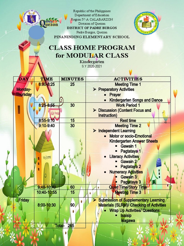 Class Home Program For Modular Class: DAY Time Minutes Activities | PDF ...