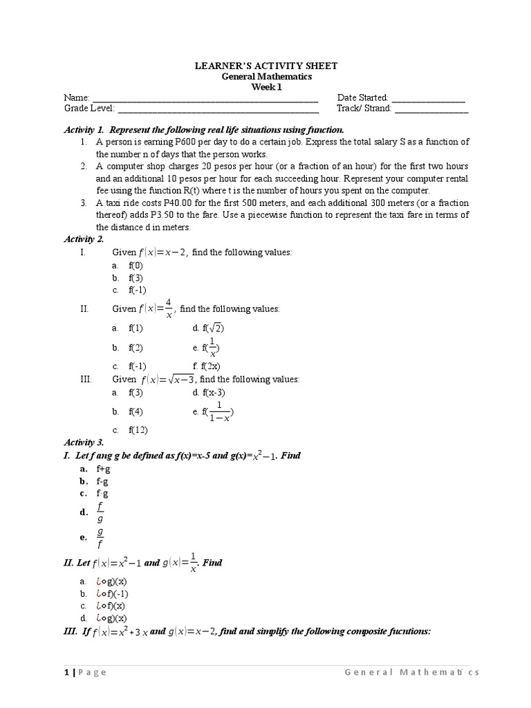Activity 1. Represent The Following Real Life Situations Using Function ...