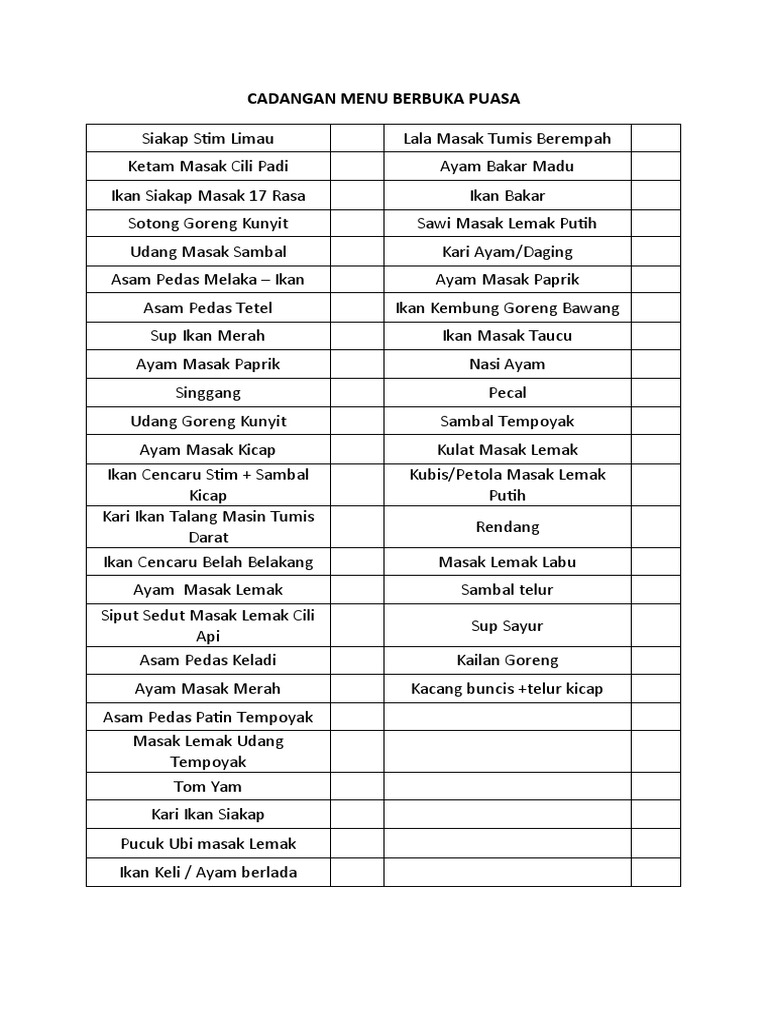 Cadangan Menu Berbuka Puasa | PDF | Memasak, Makanan, & Anggur