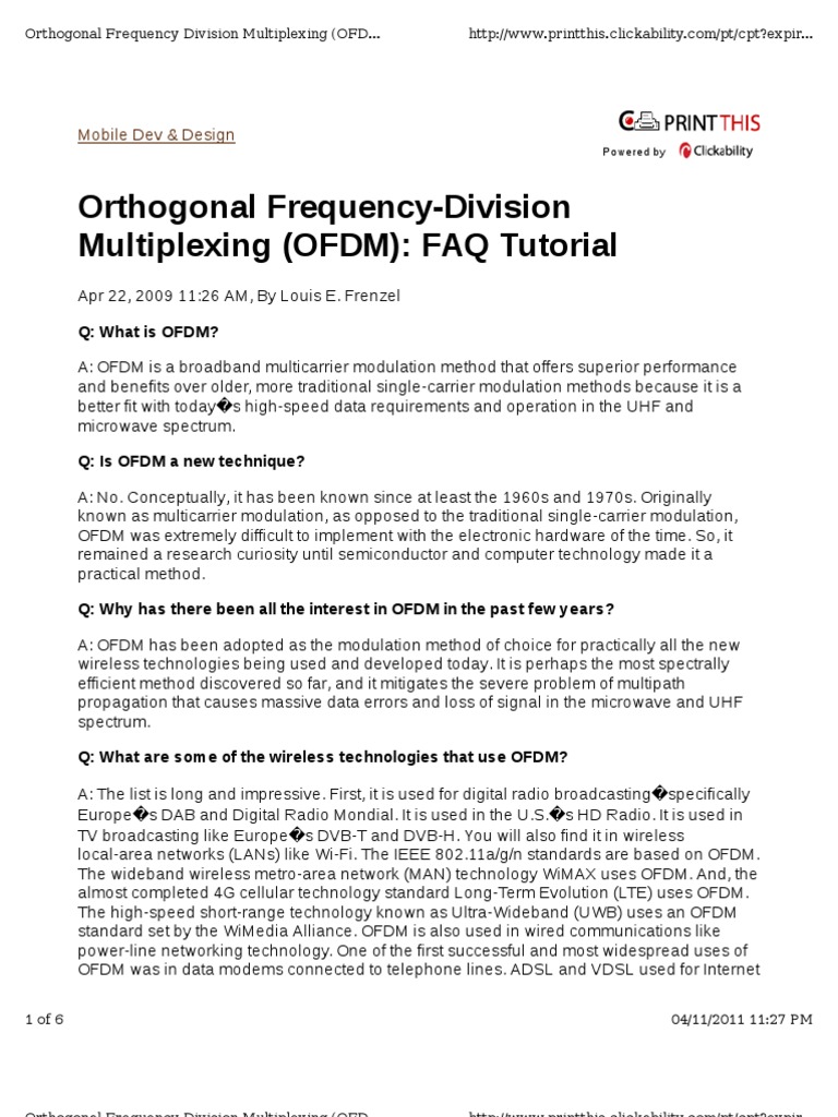 Orthogonal Frequency-Division Multiplexing (OFDM) : FAQ Tutorial | PDF ...