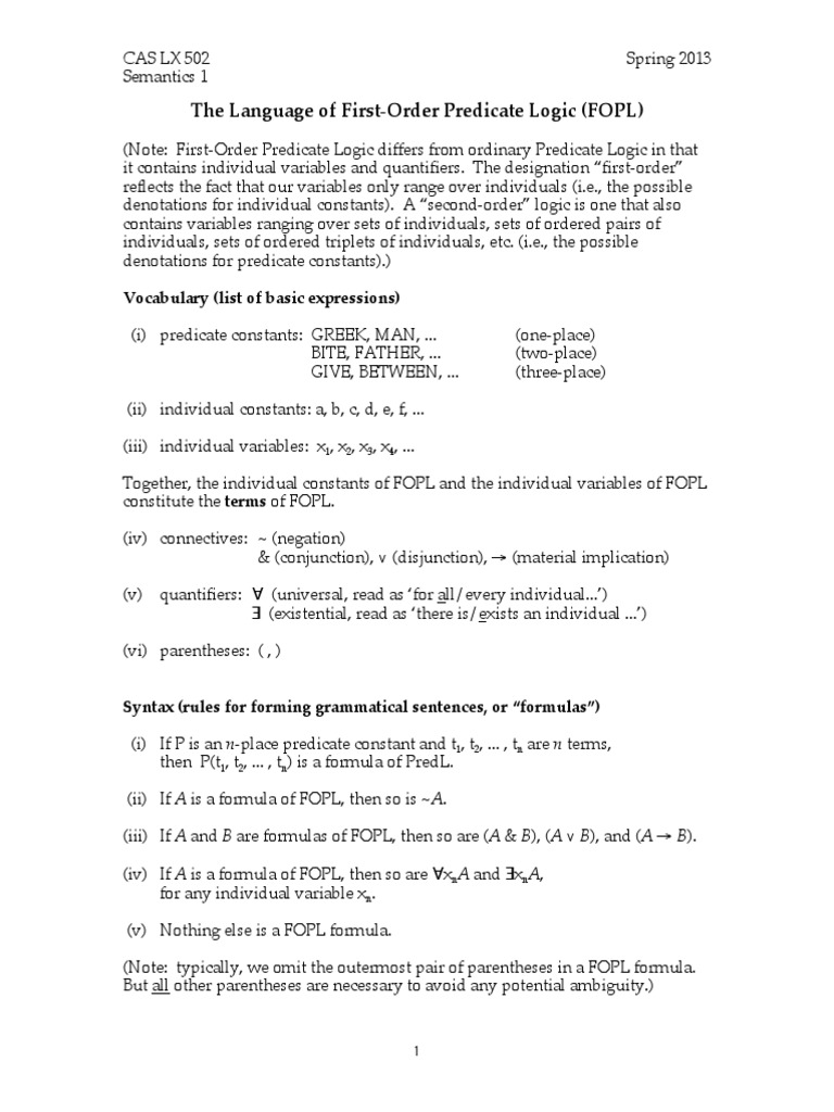 The Language of First-Order Predicate Logic (FOPL) : Vocabulary (List ...