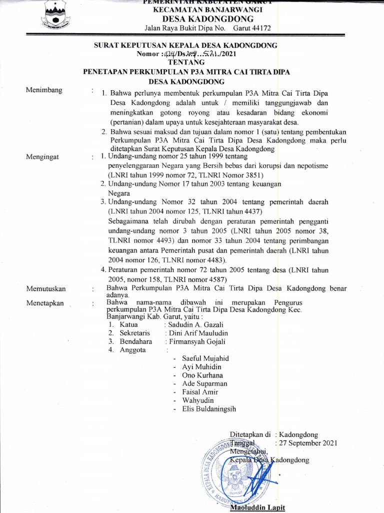 Pembentukan P3A Mitra Cai Tirta Dipa Kadongdong | PDF