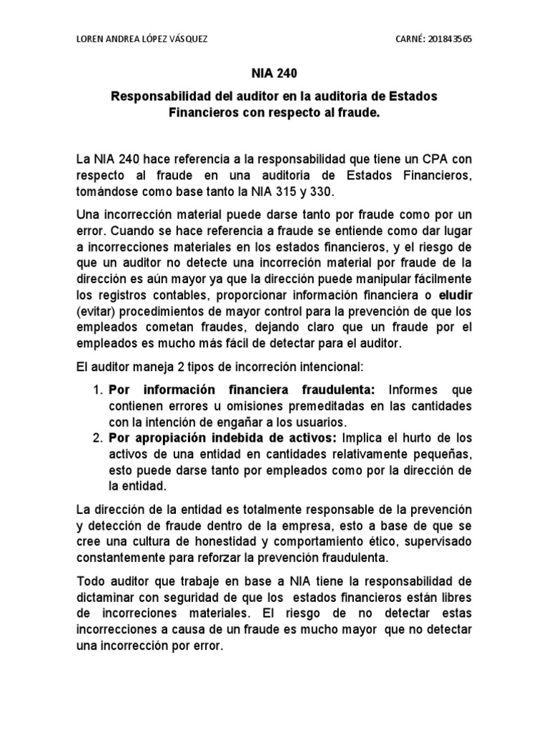Analisis Nia 240 | PDF | Auditoría | Contralor