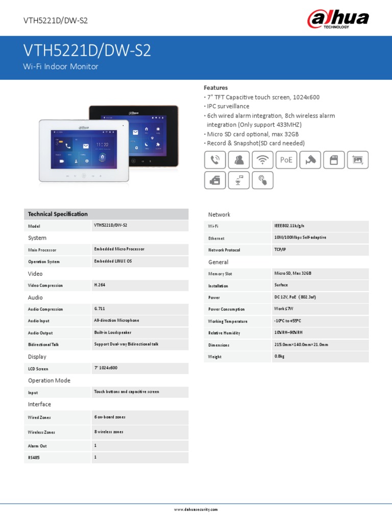 VTH5221D/DW-S2: Wi-Fi Indoor Monitor | PDF | Telecommunications ...