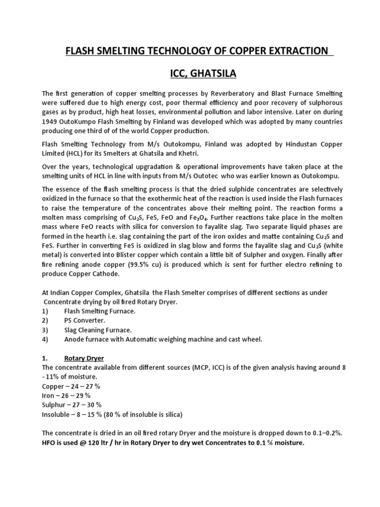 Flash Smelting Technology of Copper Extraction Icc, Ghatsila | PDF ...