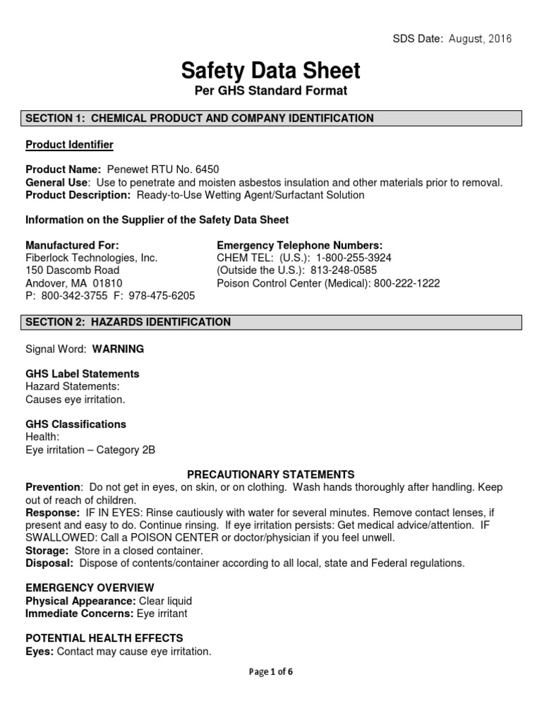 Safety Data Sheet: Per GHS Standard Format | PDF | Toxicity | Water