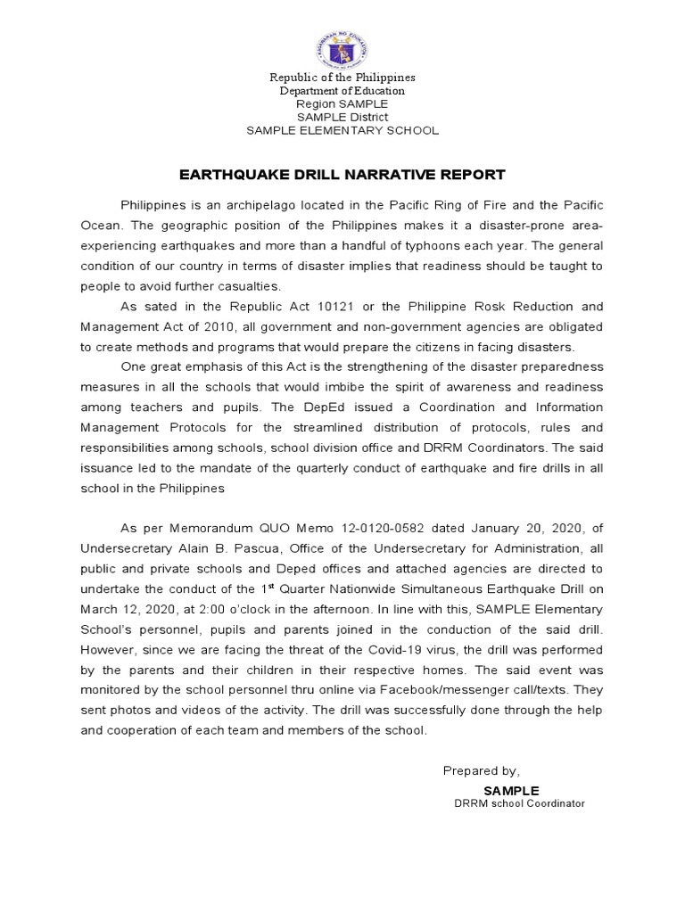 Earthquake Drill Narrative Report: Department of Education Region ...