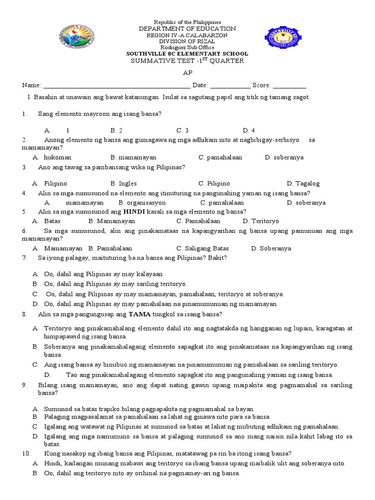 AP 4 q1 Summative Test | PDF