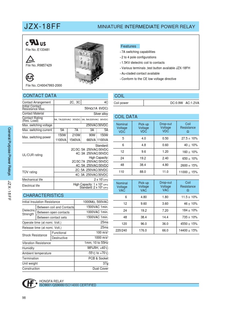 Miniature Intermediate Power Relay Spec Sheet | PDF | Switch | Relay
