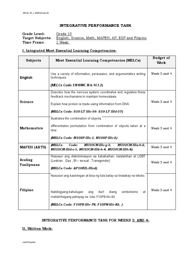 Q3 Week 3 4 Integrative Performance Tasks 2 Grade 10 Group 2 Students ...