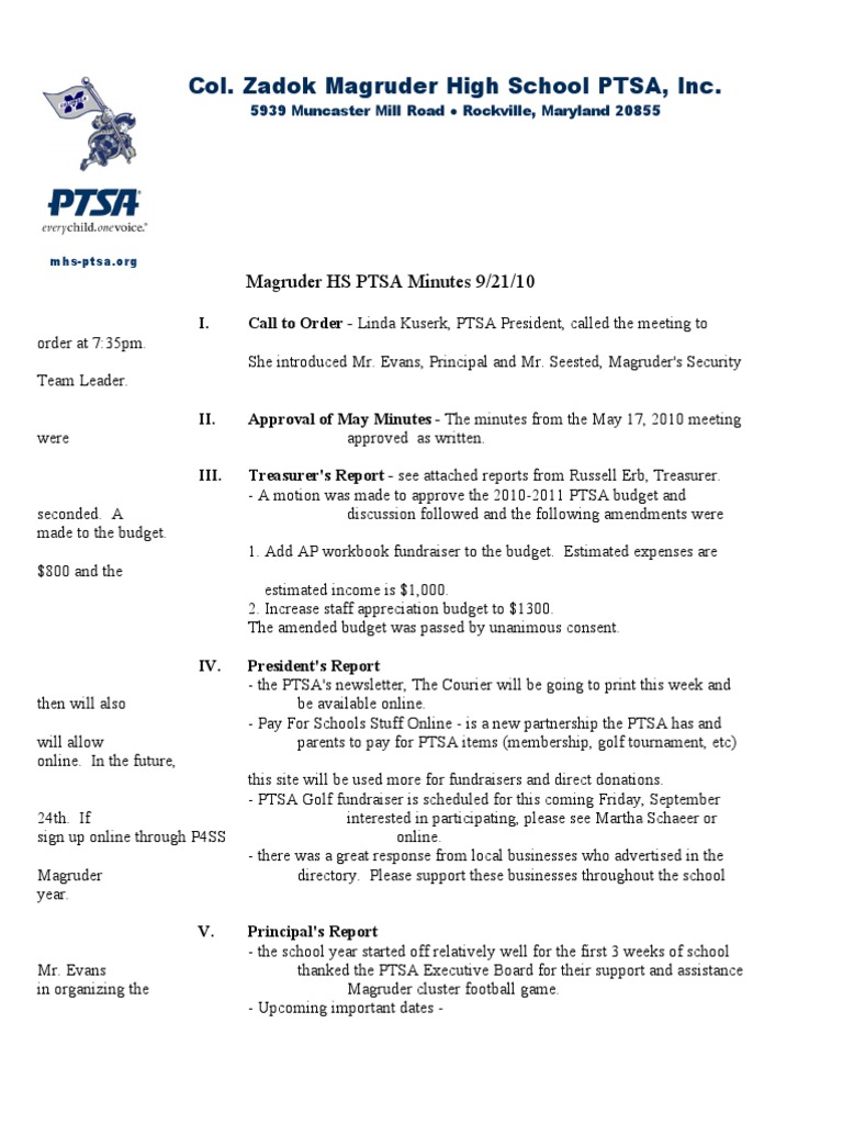 Magruder HS PTSA Meeting Minutes 9/21/10 | PDF | Prom | Leisure