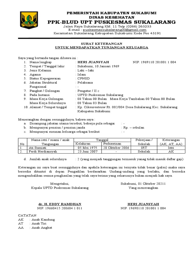 Surat Keterangan Tunjangan Keluarga | PDF