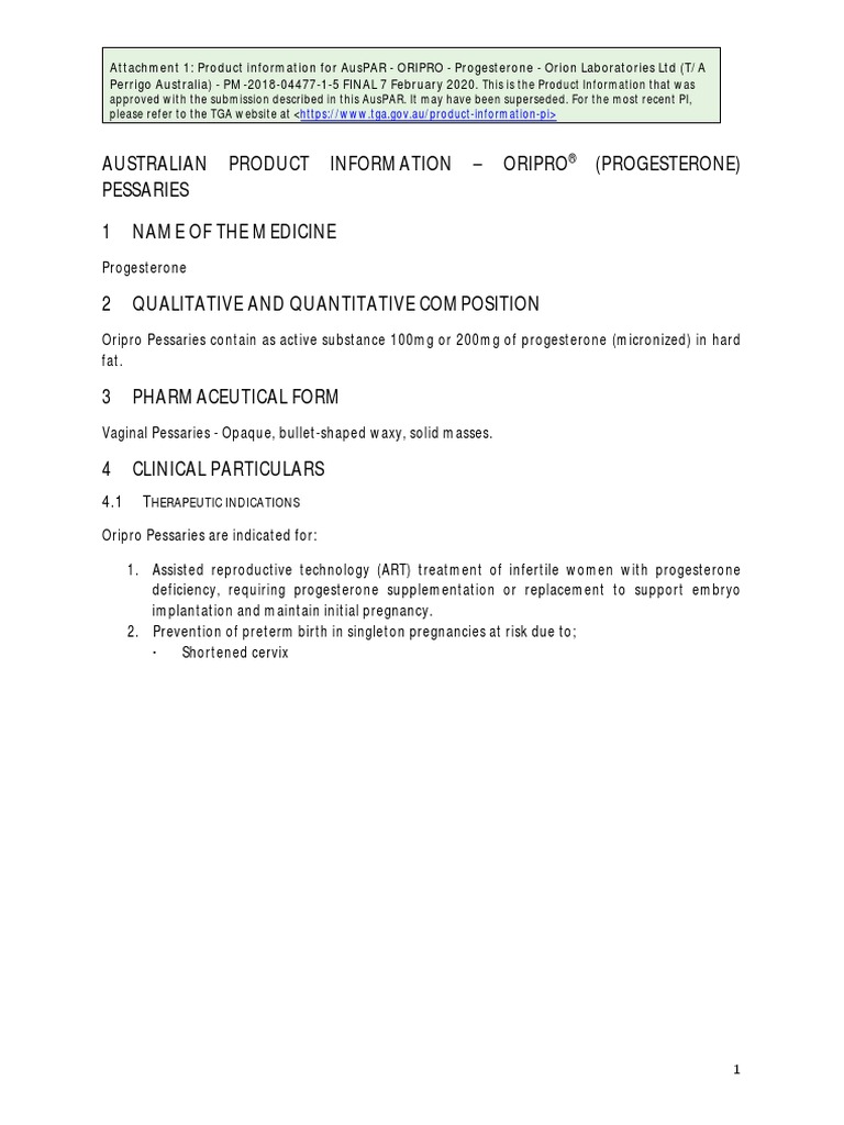 Australian Product Information - Oripro (Progesterone) Pessaries 1 Name ...