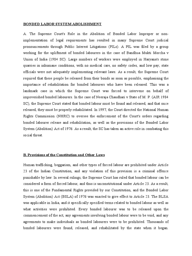 Bonded Labor System Abolishment | PDF | Supreme Court Of India ...