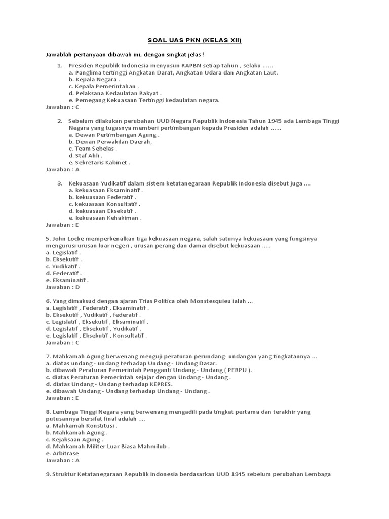 Jawablah Pertanyaan Dibawah Ini, Dengan Singkat Jelas !: Soal Uas PKN (Kelas Xii) | PDF | Ilmu ...
