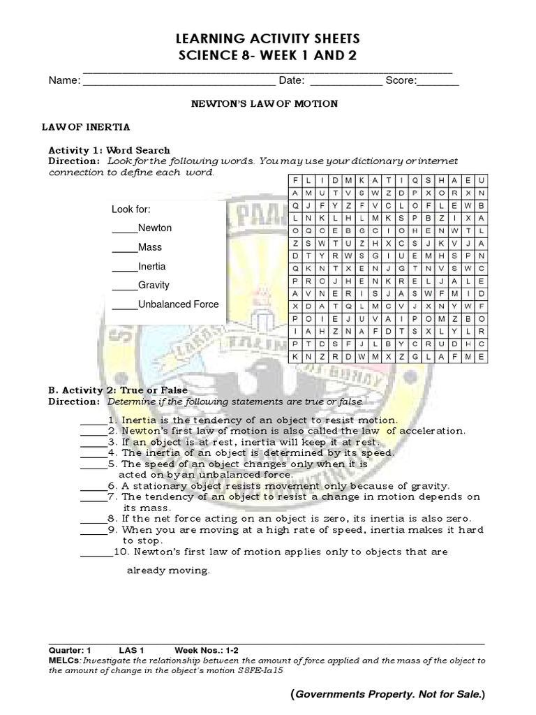 Inertia and Motion Activities for Grade 8 | PDF | Force | Inertia