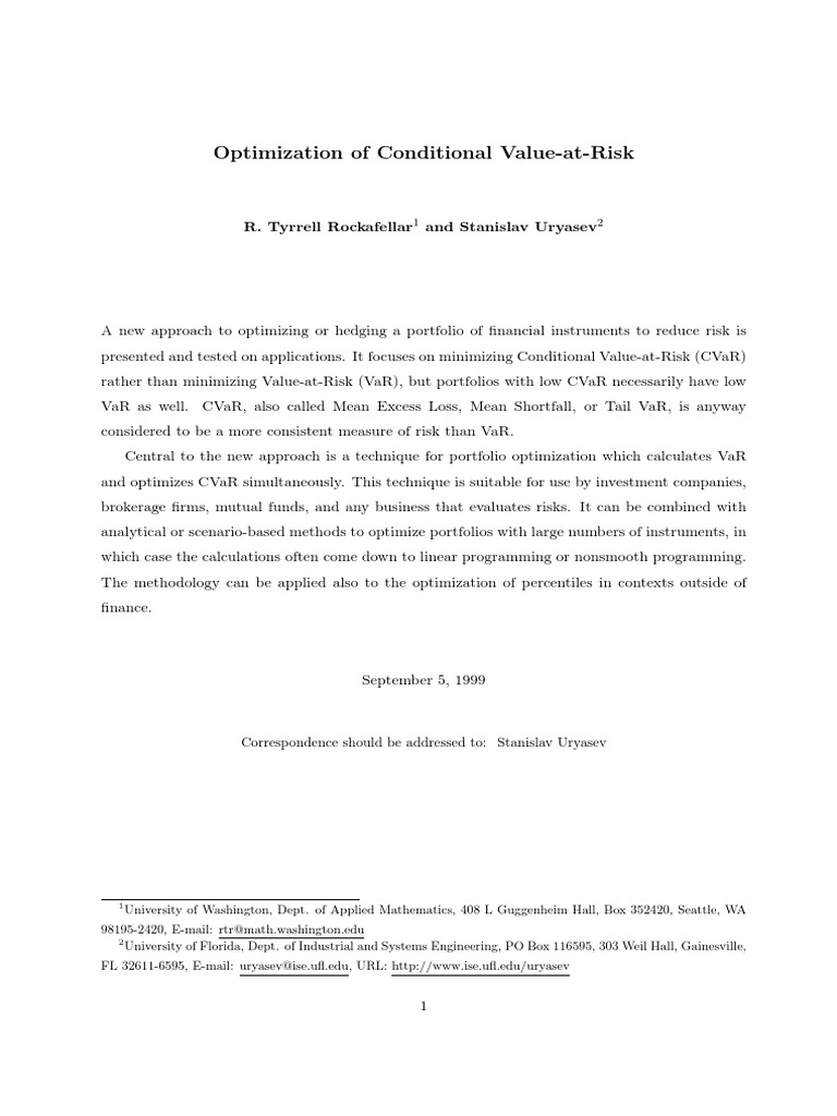 P3 - Uryasev - Optimization of Conditional Value-at-Risk | Download Free PDF | Value At Risk ...