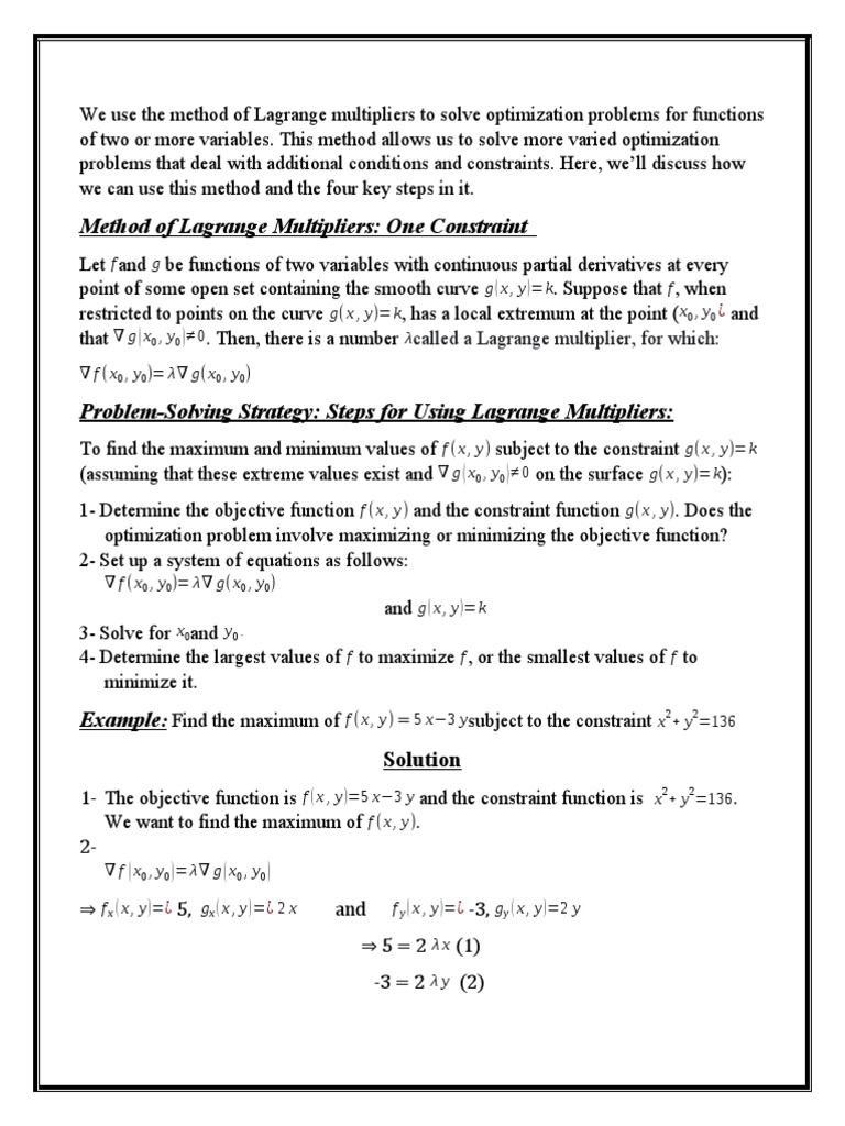 Method of Lagrange Multipliers: One Constraint: Called A Lagrange Multiplier, For Which | PDF ...