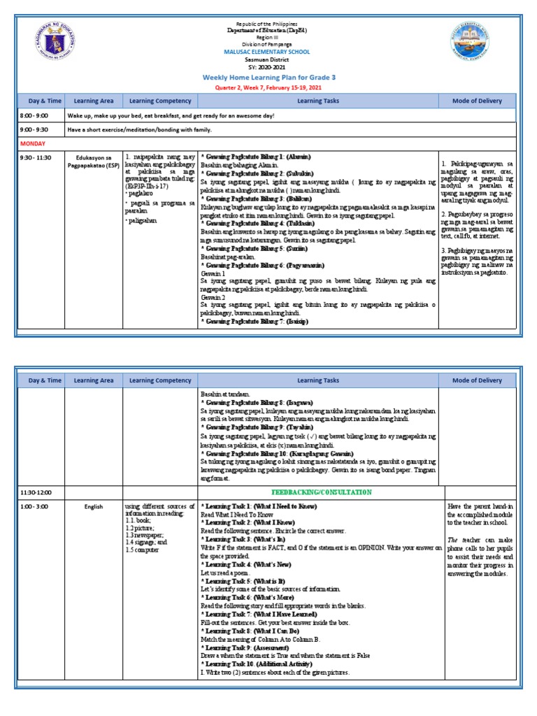 WHLP Detailed Grade 3 q2 w7 All Subjects | PDF