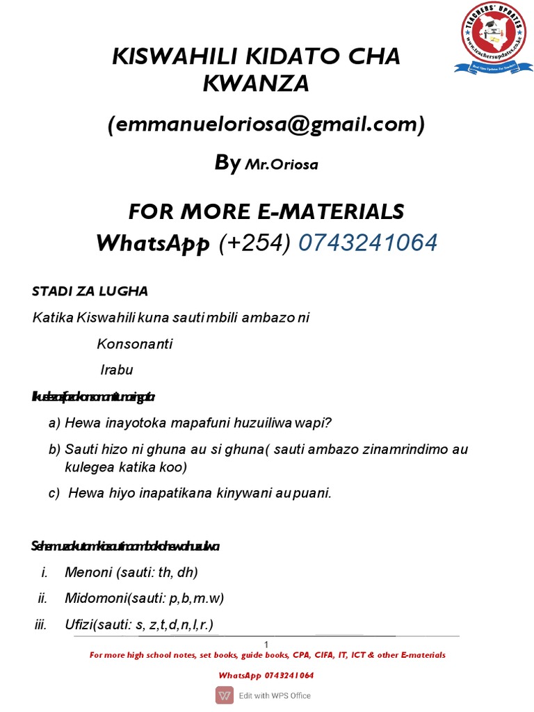 Kiswahili Form One Notes | PDF