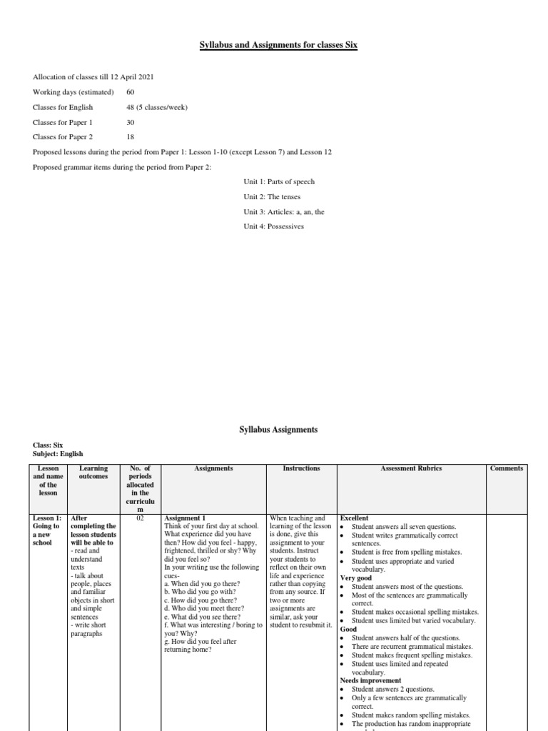 English 6 Syllabus Assignment | PDF | Question | Vocabulary