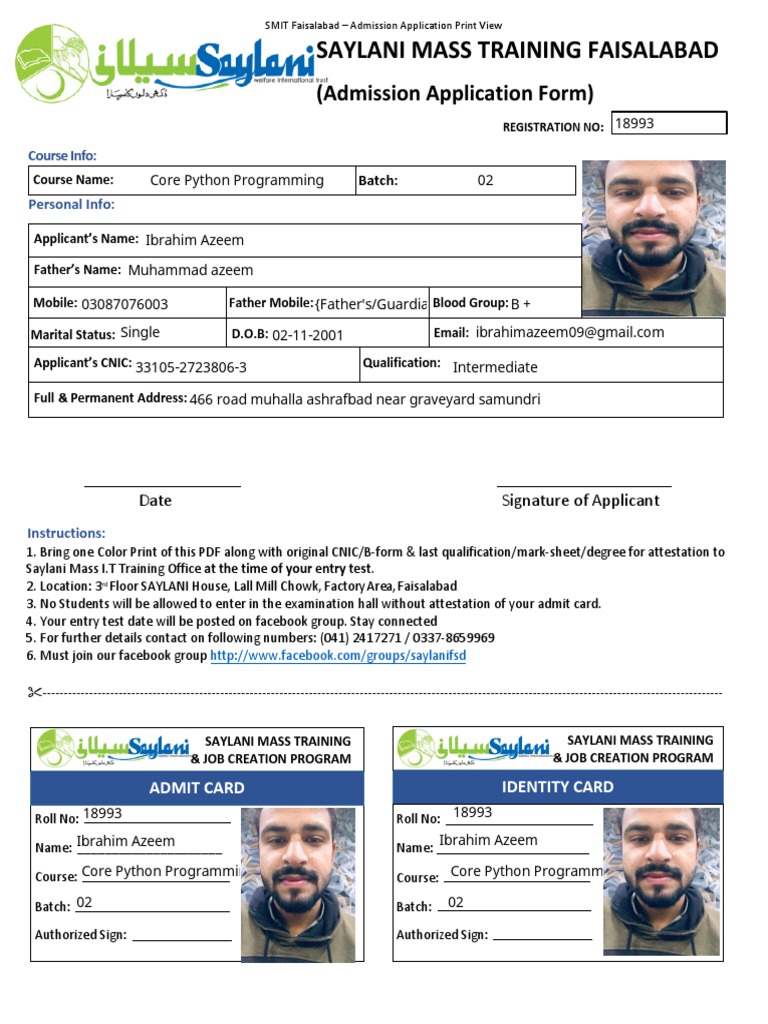 Saylani Admission Form 18993 | PDF | Government And Personhood