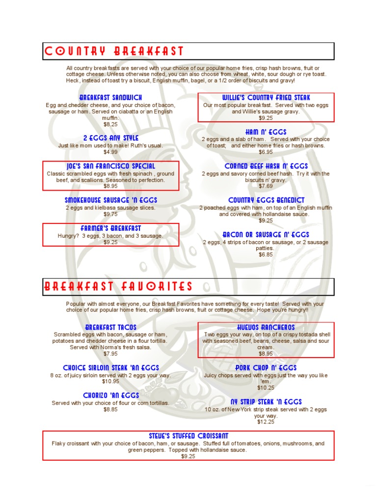 Country Breakfast Menu Options | PDF | Sausage | Bacon