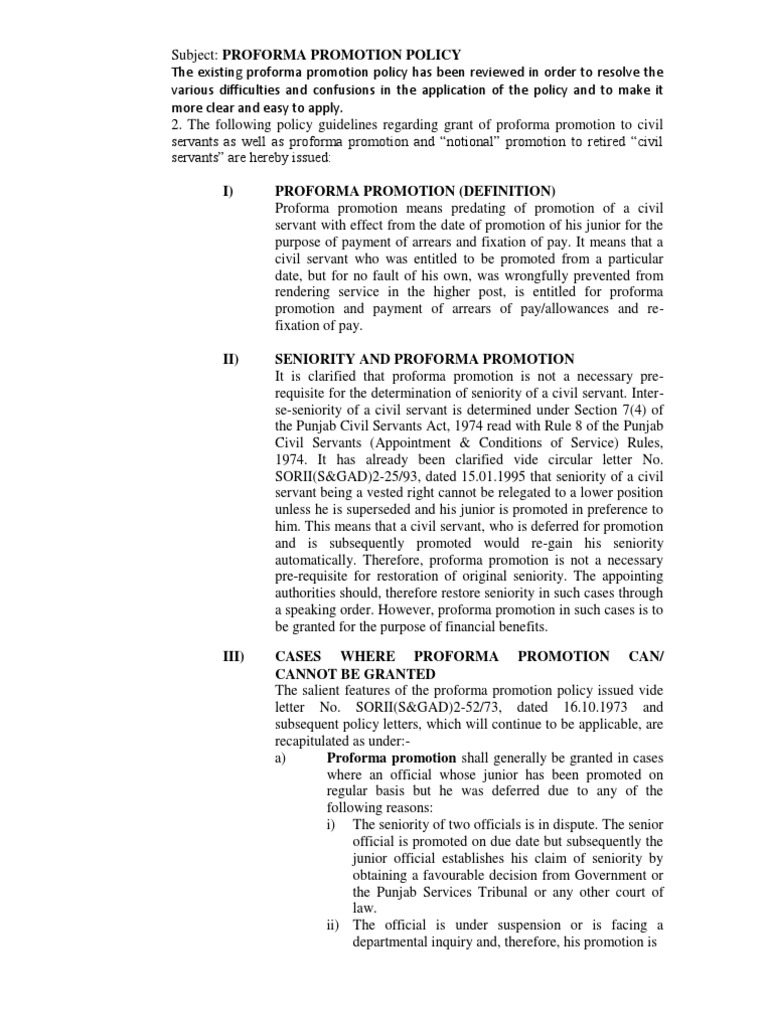 I) Proforma Promotion (Definition) | PDF | Civil Service | Policy