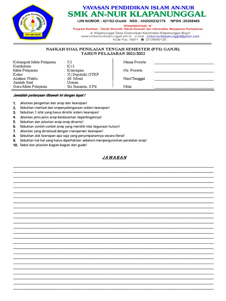 SOAL PTS GANJIL Kearsipan X Otkp Sri Sumarni | PDF | Bisnis