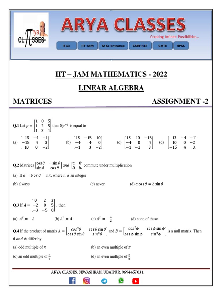 Iit - Jam Mathematics - 2022 Linear Algebra Matrices Assignment - 2 | Download Free PDF | Matrix ...